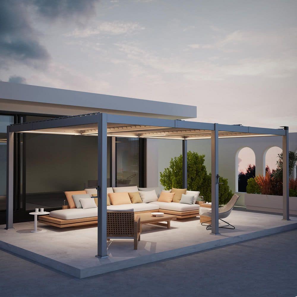 Sonkuki 12 ft. x 20 ft. All-Aluminum Louvered Pergola with Adjustable Roof, Detachable LED ...