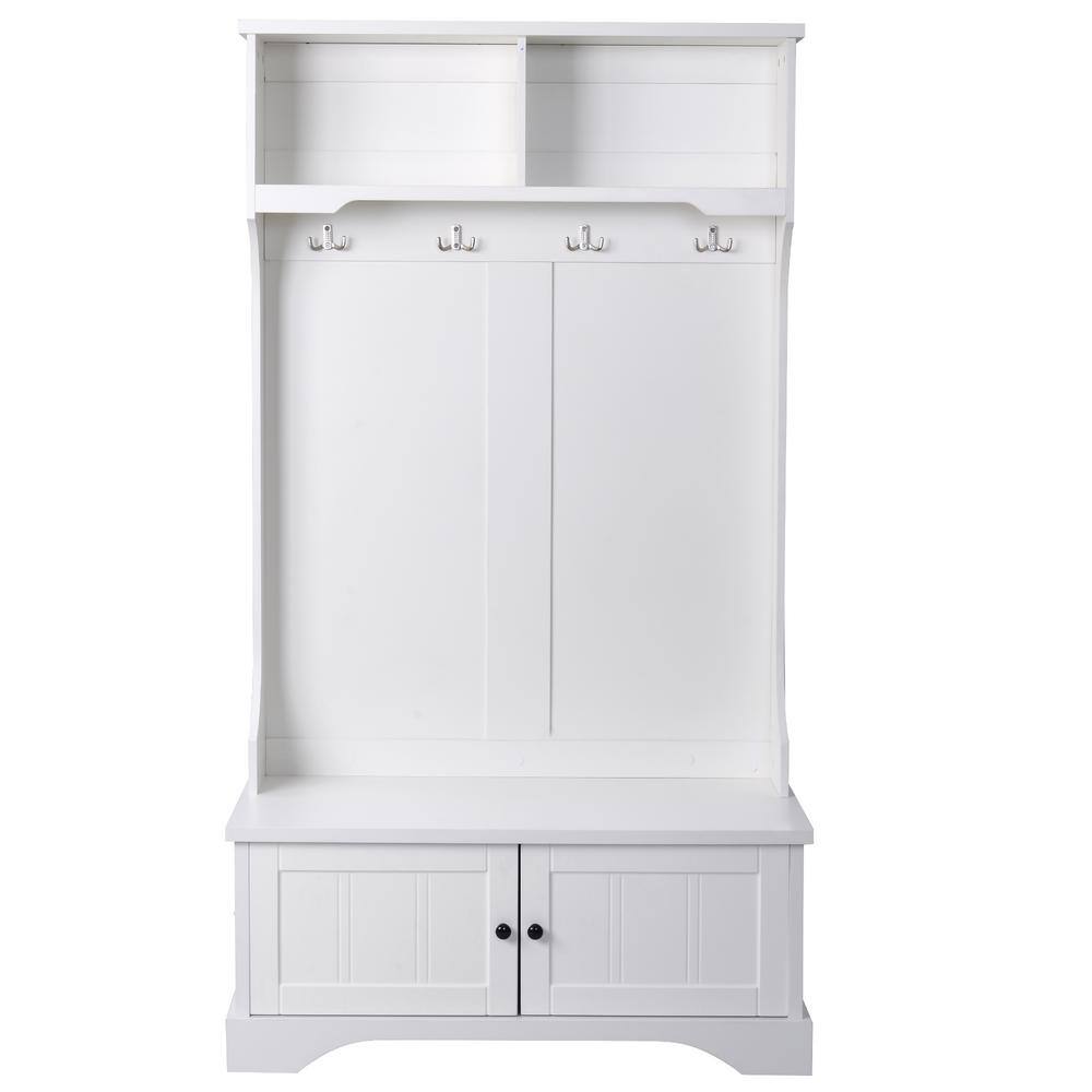 Qualler White Hall Tree Entryway Bench with Shelves Cabinet and 4-Hooks ...