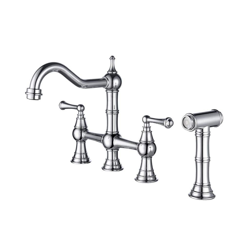 FLG Double Handle Bridge Kitchen Faucet with Side Sprayer 4 Holes Brass ...