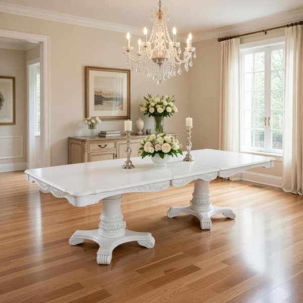 Benjara Zenie White Wood 44.5 in. Double Pedestal Dining Table Seating ...
