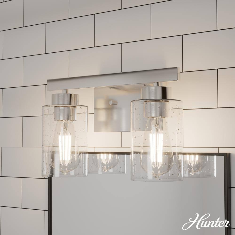 Hunter Hartland 13 in. 2-Light Brushed Nickel Vanity Light with Clear ...