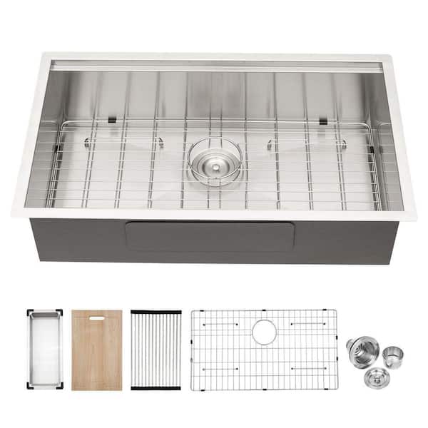 Qidian 32 in. Undermount Workstation Single Bowl 16-Gauge Brushed ...
