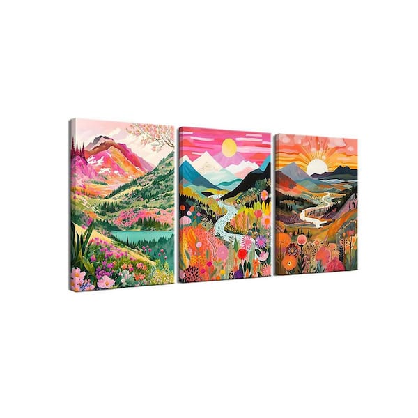 3-Piece Colorful Watercolor Mountain Canvas Wall Art, Abstract Nature ...