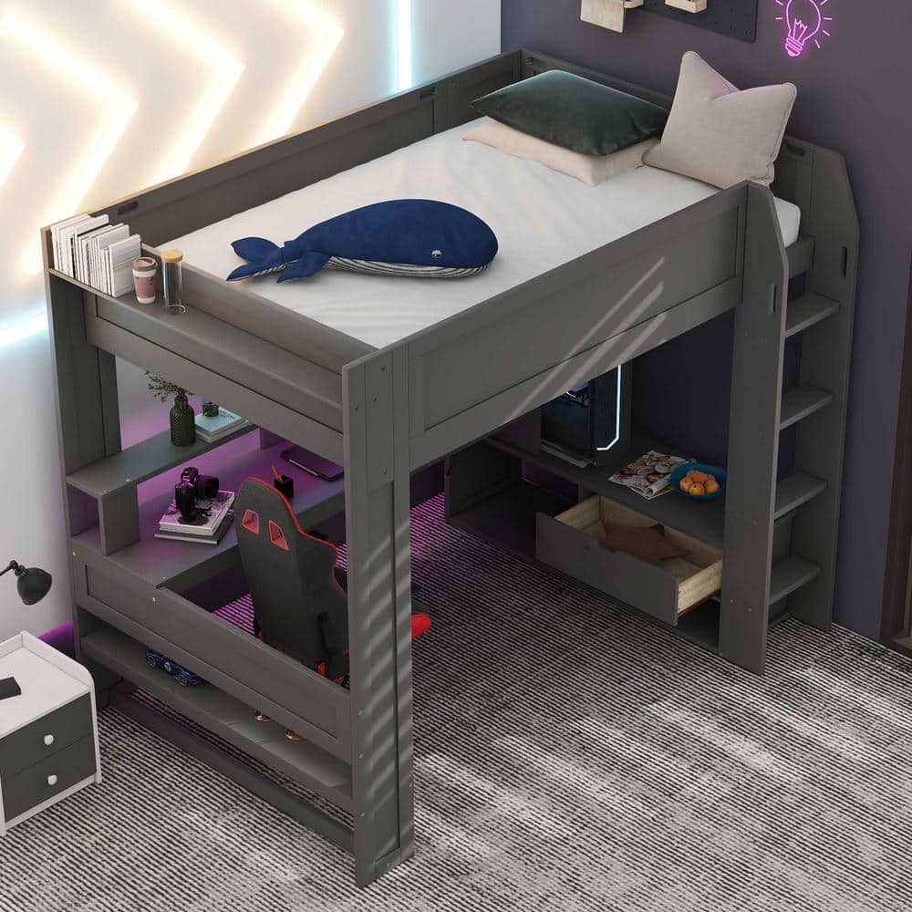 Polibi Wood Full Size Gaming Loft Bed with Desk, Multi-storage Shelves ...