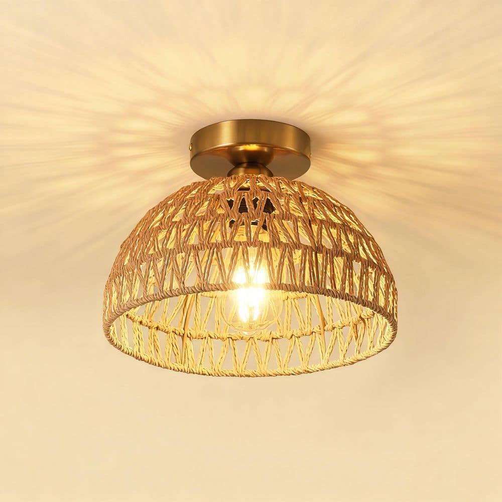 aiwen 11.02 in. 1-Light Handmade Woven Boho Semi-Flush Mount Rustic ...
