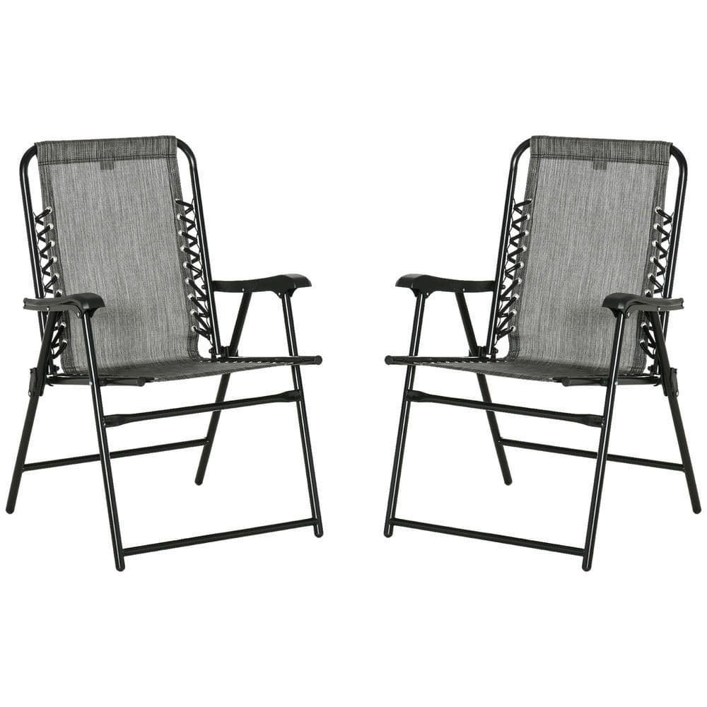 Set of 2 Gray Powder-Coated Steel Folding Lawn Chair with Armrests and ...