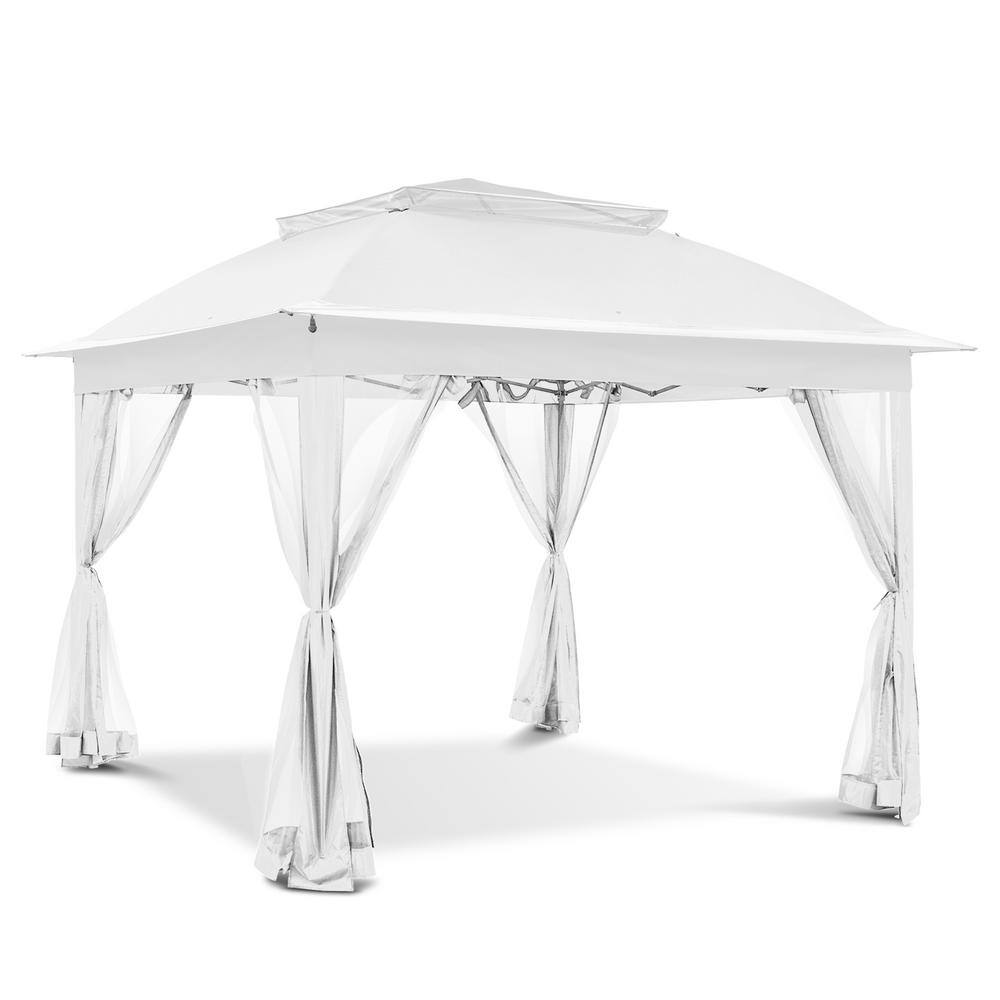 JOYSIDE 11 ft. x 11 ft. White Steel Pop-Up Gazebo with Mosquito Netting ...