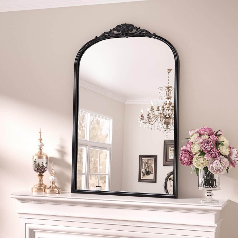 KeonJinn 36 in. H x 24 in. W Frame Arched Vintage Mirror Black Mirror ...