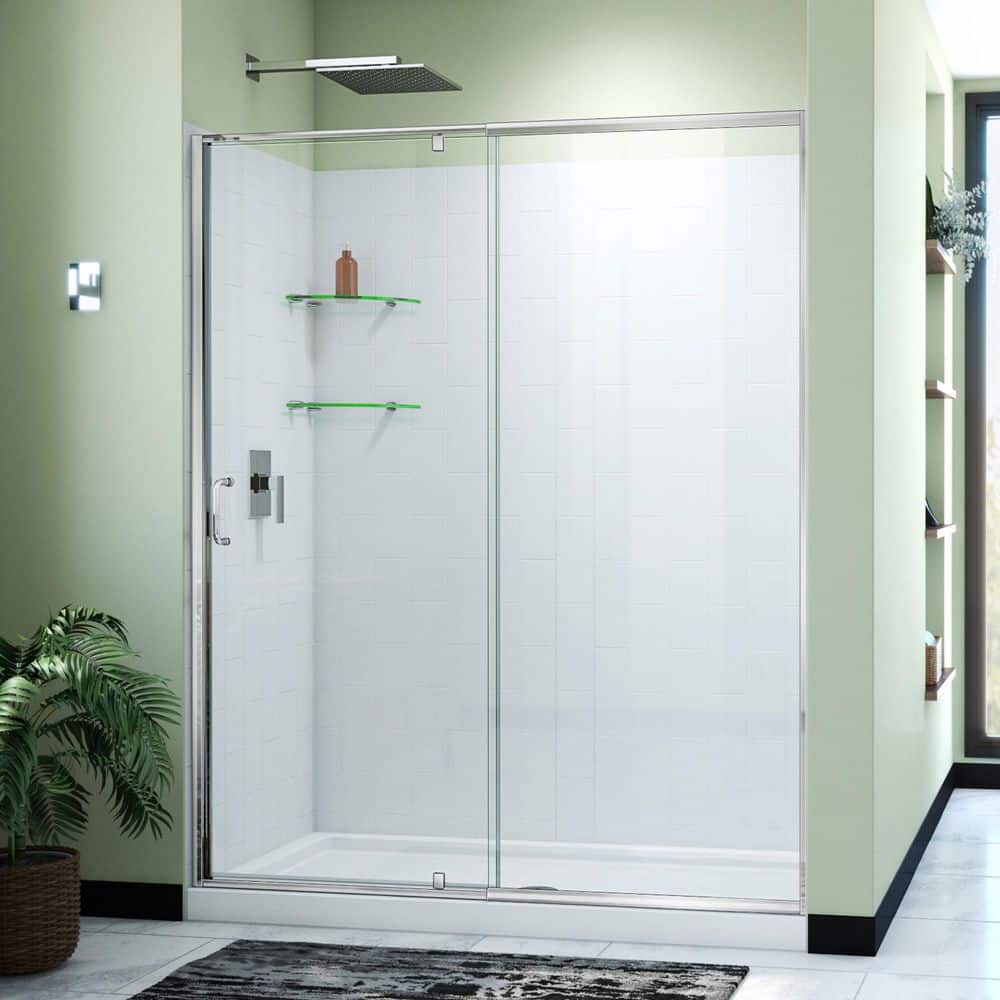 DreamLine 34 in. D x 60 in. W x 78 3/4 in. H Pivot Semi-Frameless Shower Door Base and White ...