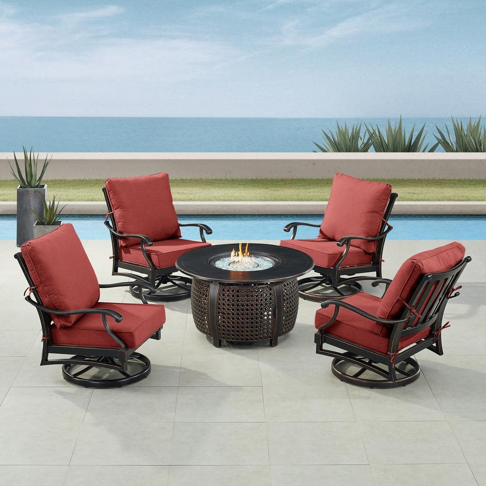 Oakland Living Black 5-Piece Aluminum Patio Fire Table Set with Red ...