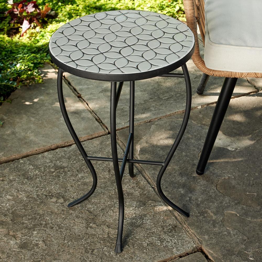 HAVEN WAY Merida White Mosaic and Black Metal Outdoor Side Table 89 ...
