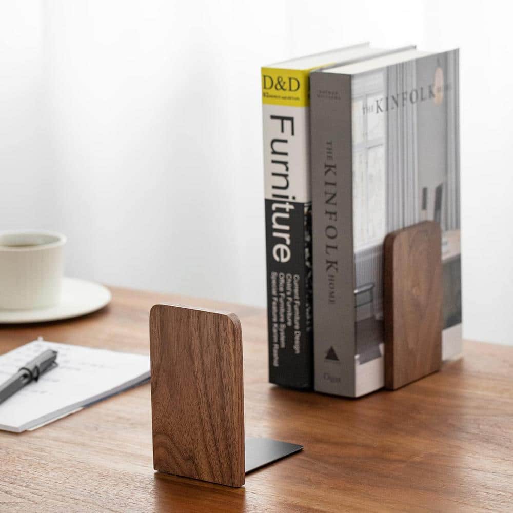 Afoxsos 2-Piece Walnut Brown Heavy Duty Wooden Bookend with Non-Slip ...