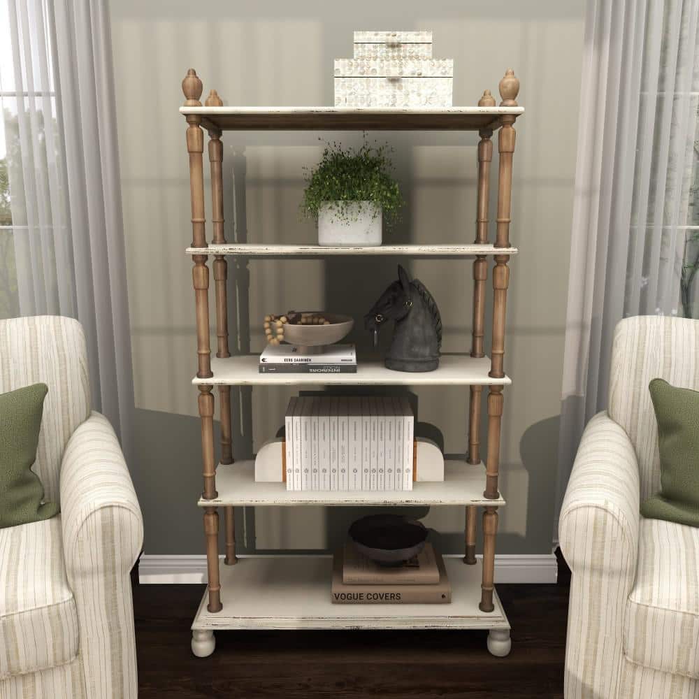 Litton Lane Celina 75 in. Tall White Wood 5 Shelf Stationary Distressed ...