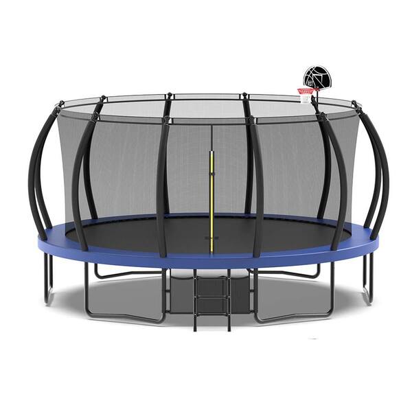 SUNRINX 16 ft. Black Round Trampoline with Enclosure Net and Basketball ...