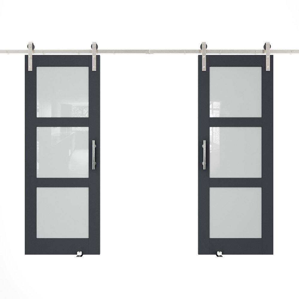 ARK DESIGN 56 in. x 80 in. 3 Lite Tempered Frosted Glass Black Finished ...