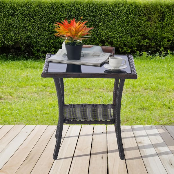 BFB Square Wicker Outdoor Side Table with Tempered Glass Top and ...