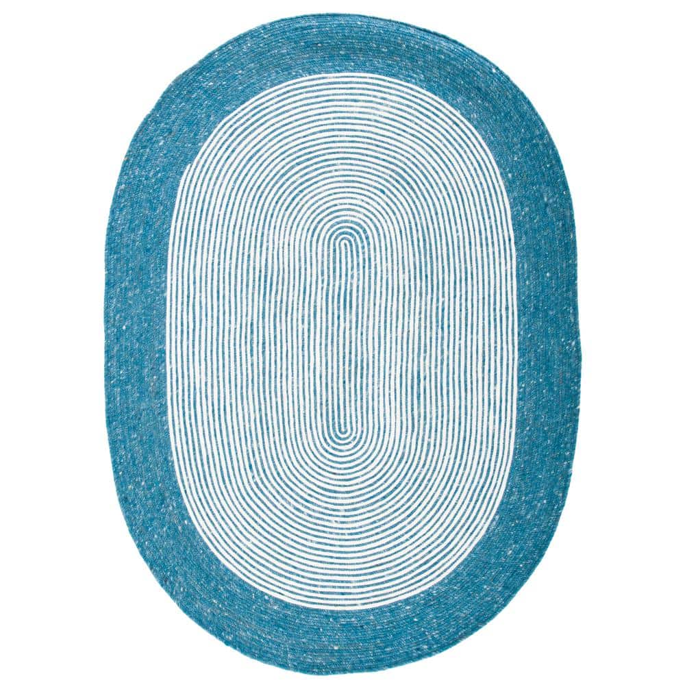 SAFAVIEH Braided Teal Ivory 4 ft. x 6 ft. Border Striped Oval Area Rug ...