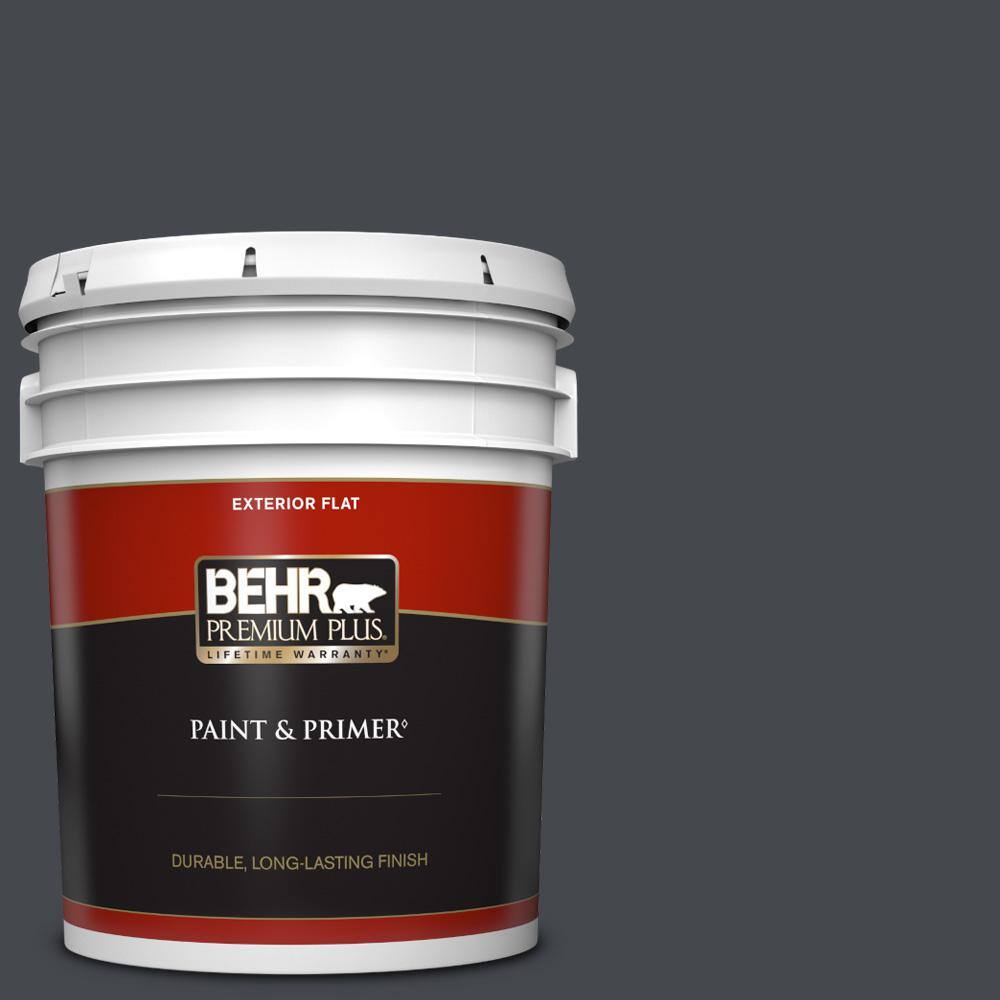 BEHR PREMIUM PLUS 5 gal. #N490-7 Ink Black Flat Exterior Paint & Primer ...