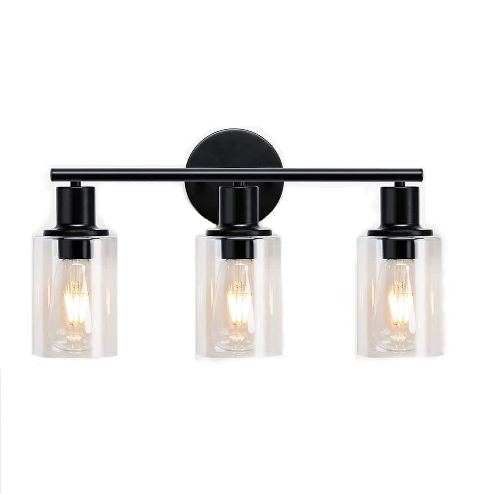 Sunpez 18 in. W 3-Lights Vanity Light with Clear Glass Lampshade (Black), E26, No Bulbs YM-C16 ...