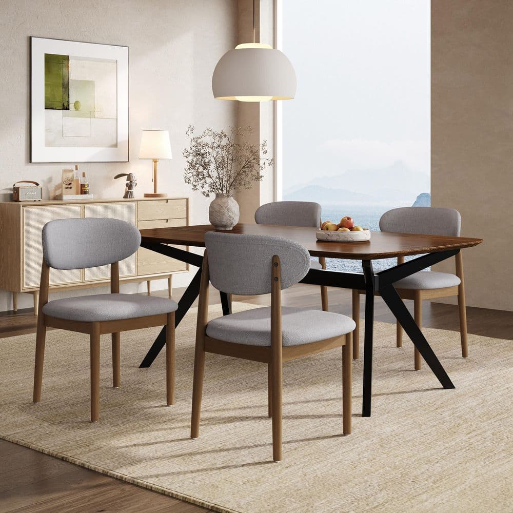 CHRISTOPHER KNIGHT HOME Cliff 5-Piece Walnut and Black Wood Top Dining Set with Grey Cushioned ...