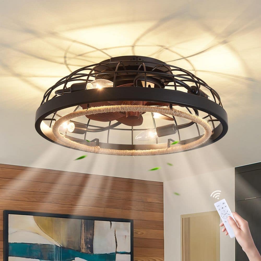 JUSHENG 19.7 in. 4-Light Black Caged Flush Mount Ceiling Fan with Light ...