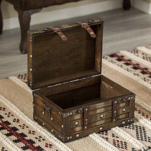 Vintiquewise Wooden Brown Storage Trunk with Faux Leather Straps and Handles Small