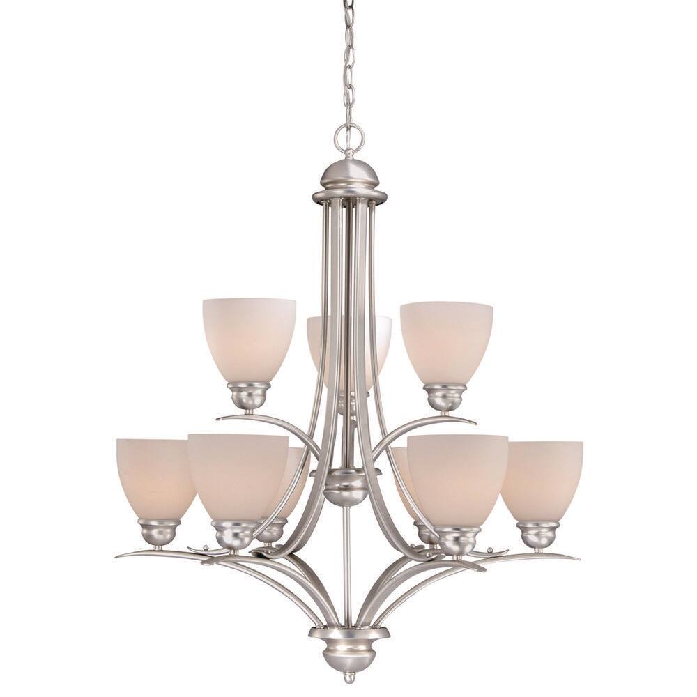 VAXCEL Avalon 9-Light 2 Tier Brushed Nickel Chandelier White Glass AL ...