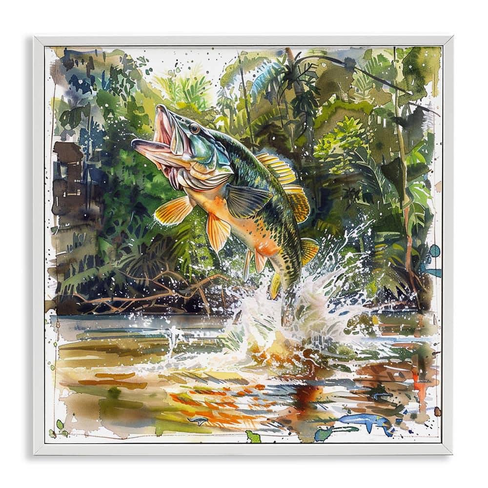 Stupell Industries Jumping Bass Fish by LSR Design Studio White Framed ...