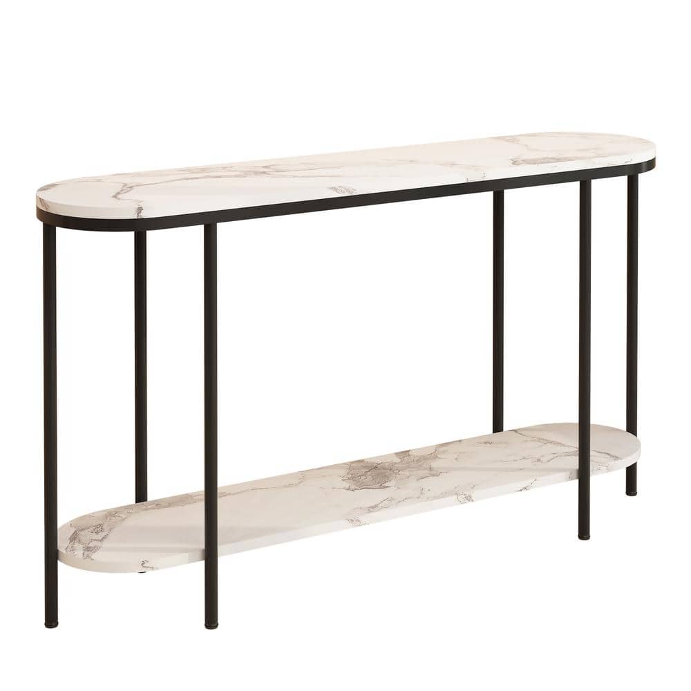 Karl home 42.13 in. White and Black Oval Marble Grain MDF Console Table ...