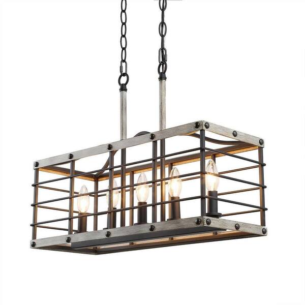 Farmhouse 5-Light Aged Gray Cage Chandelier with Wooden Texture ...