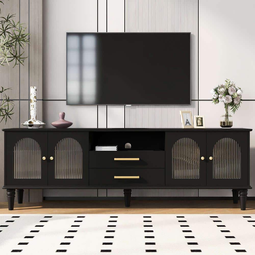 Polibi Black TV Stand Fits TV's up to 75 in. with Fluted Glass Doors ...