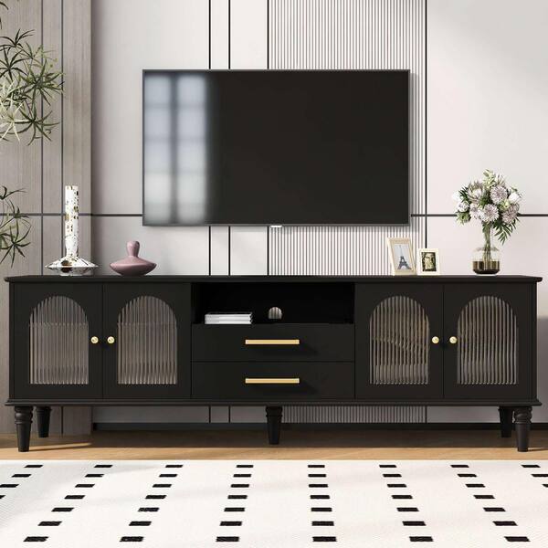Polibi Black TV Stand Fits TV's up to 75 in. with Fluted Glass Doors ...