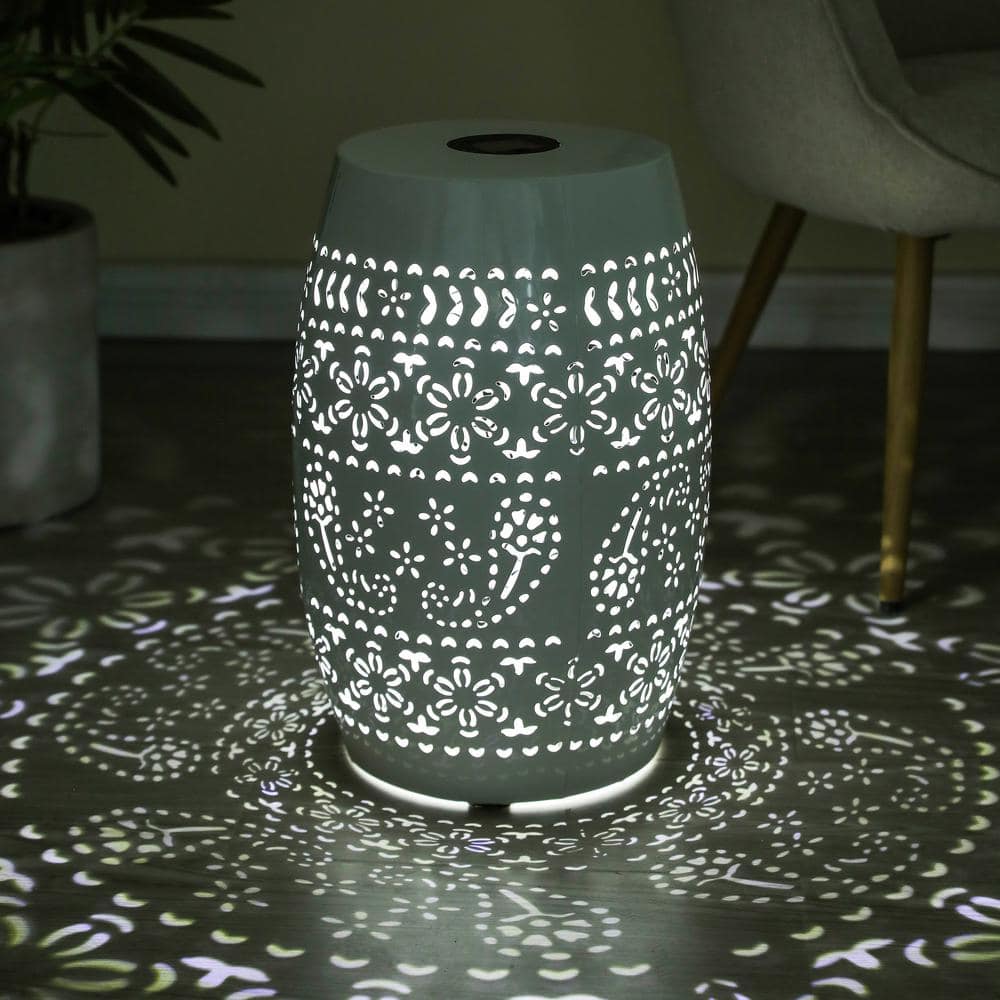 Noble House Pearla White Iron Outdoor Patio Side Table with Solar ...