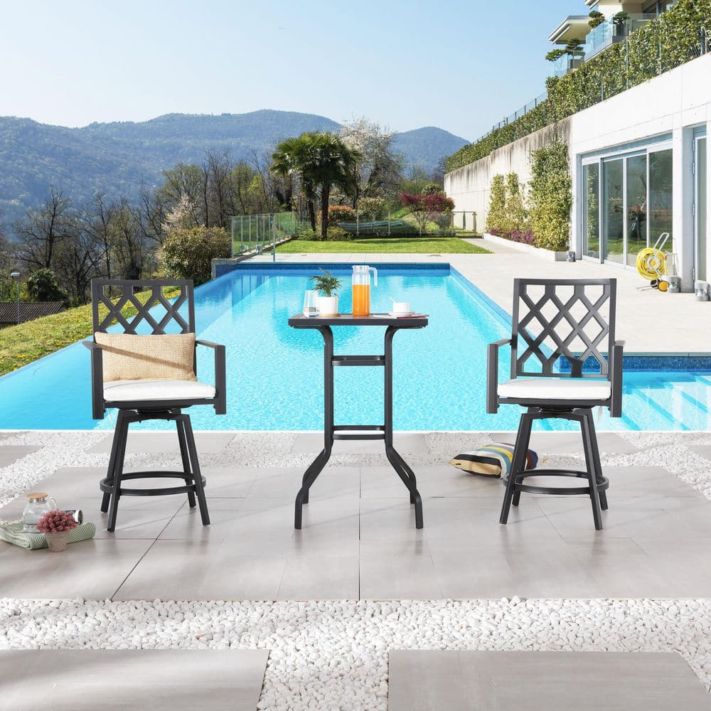 TOP HOME SPACE 3-Piece Metal Swivel Bar Height Outdoor Bistro Set with White Cushions TP03219 ...