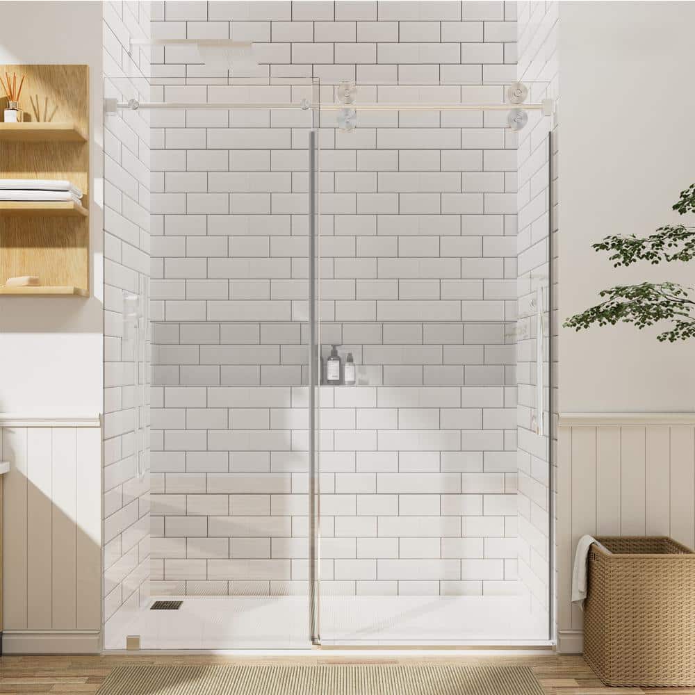 NANAWO 66 in. W x 76 in. H Single Sliding Frameless Shower Door in Brushed Nickel with 3/8 in ...