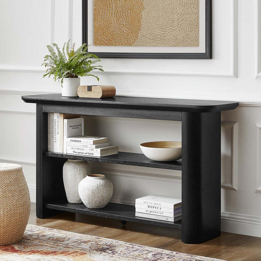 MODWAY Calix 57 in. in Black Rectangle Wood Console Table EEI-6849-BLK ...