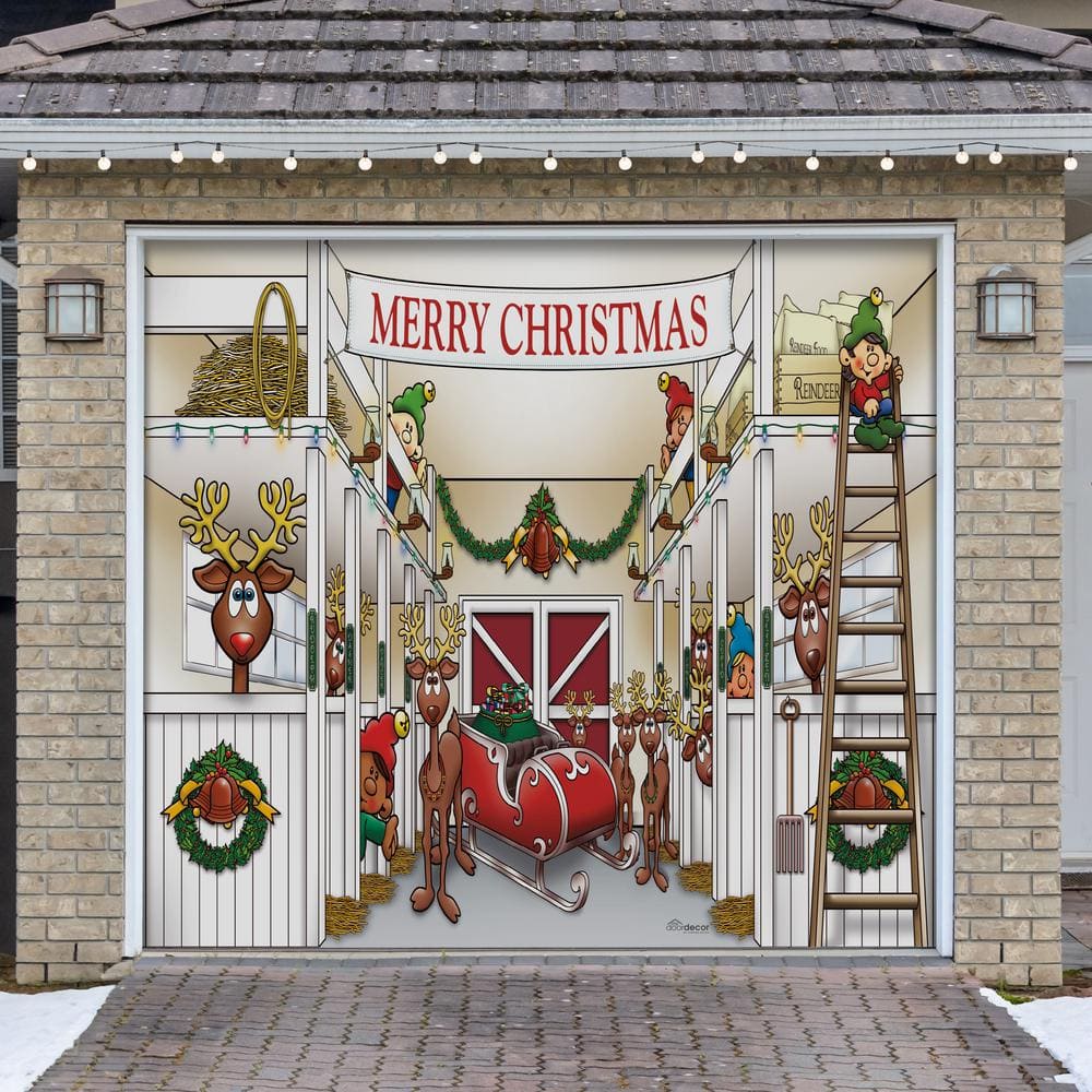 My Door Decor 7 ft. x 8 ft. Santa's Reindeer Barn Without Santa Holiday ...