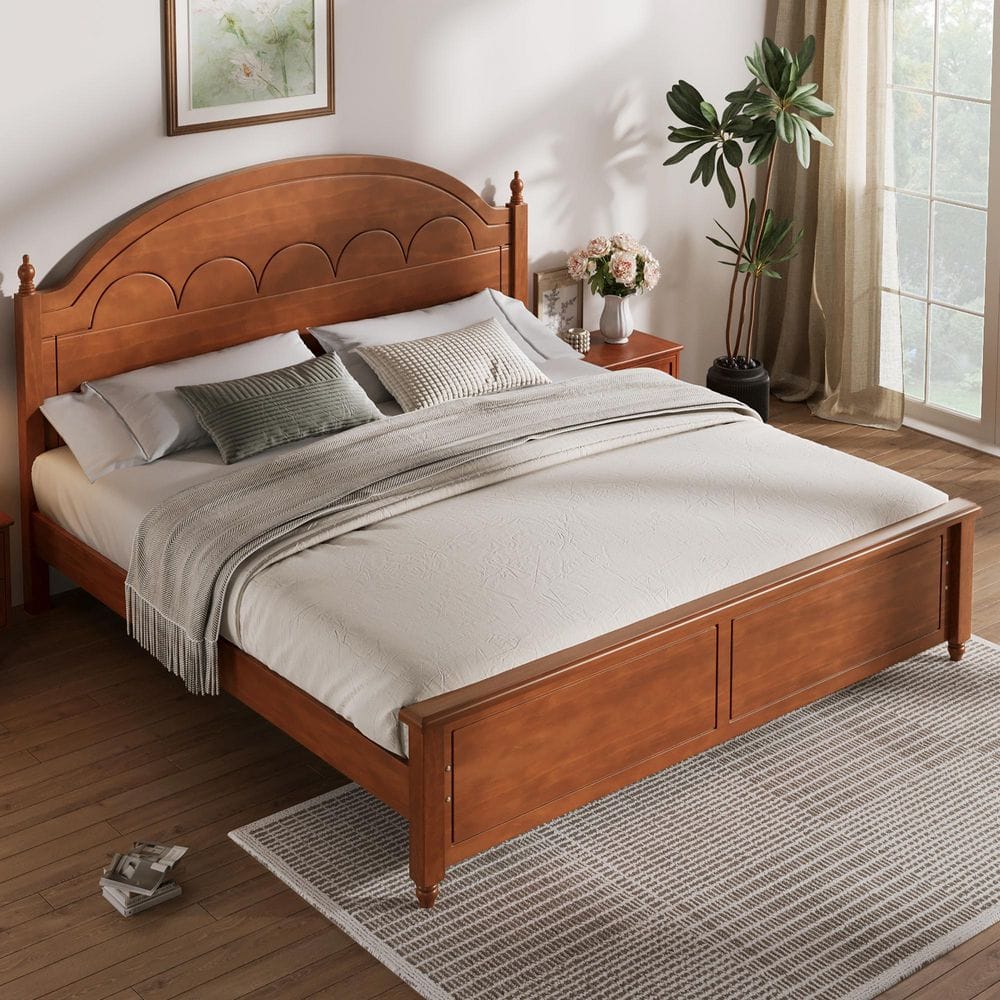 Harper & Bright Designs Oak Brown Wood Frame King Size Platform Bed ...