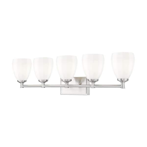 Oren 38 in. 5 Light Brushed Nickel Vanity Light with Matte Opal Glass ...