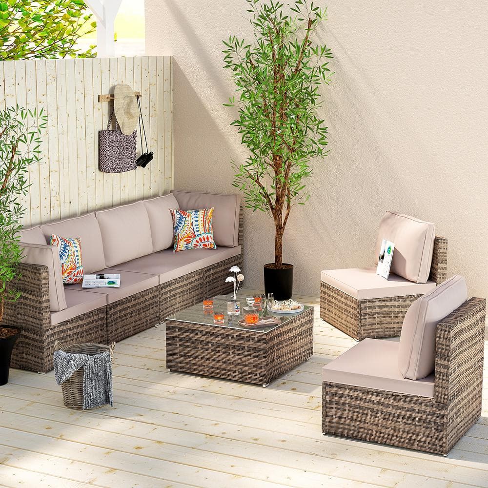 Runesay 7-Piece Brown Wicker Patio Conversation Seating Set with Brown ...
