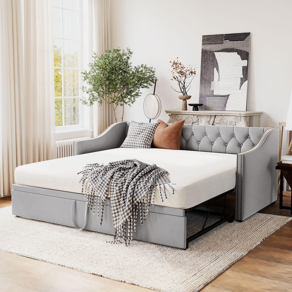 Qualler Gray Twin Upholstered Daybed with Pop Up Trundle LWDB73733E ...