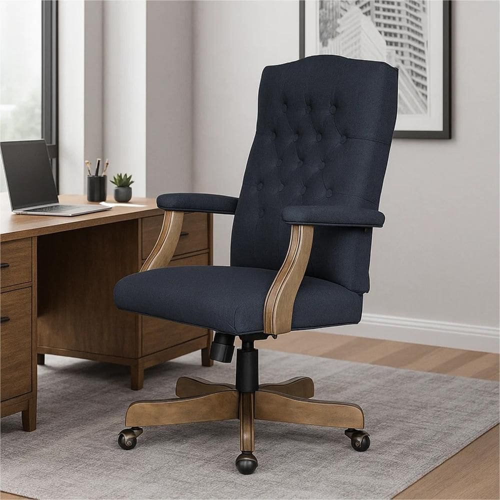 Benjara Jake Fabric Button Tufted Executive Chair in Navy Blue and ...