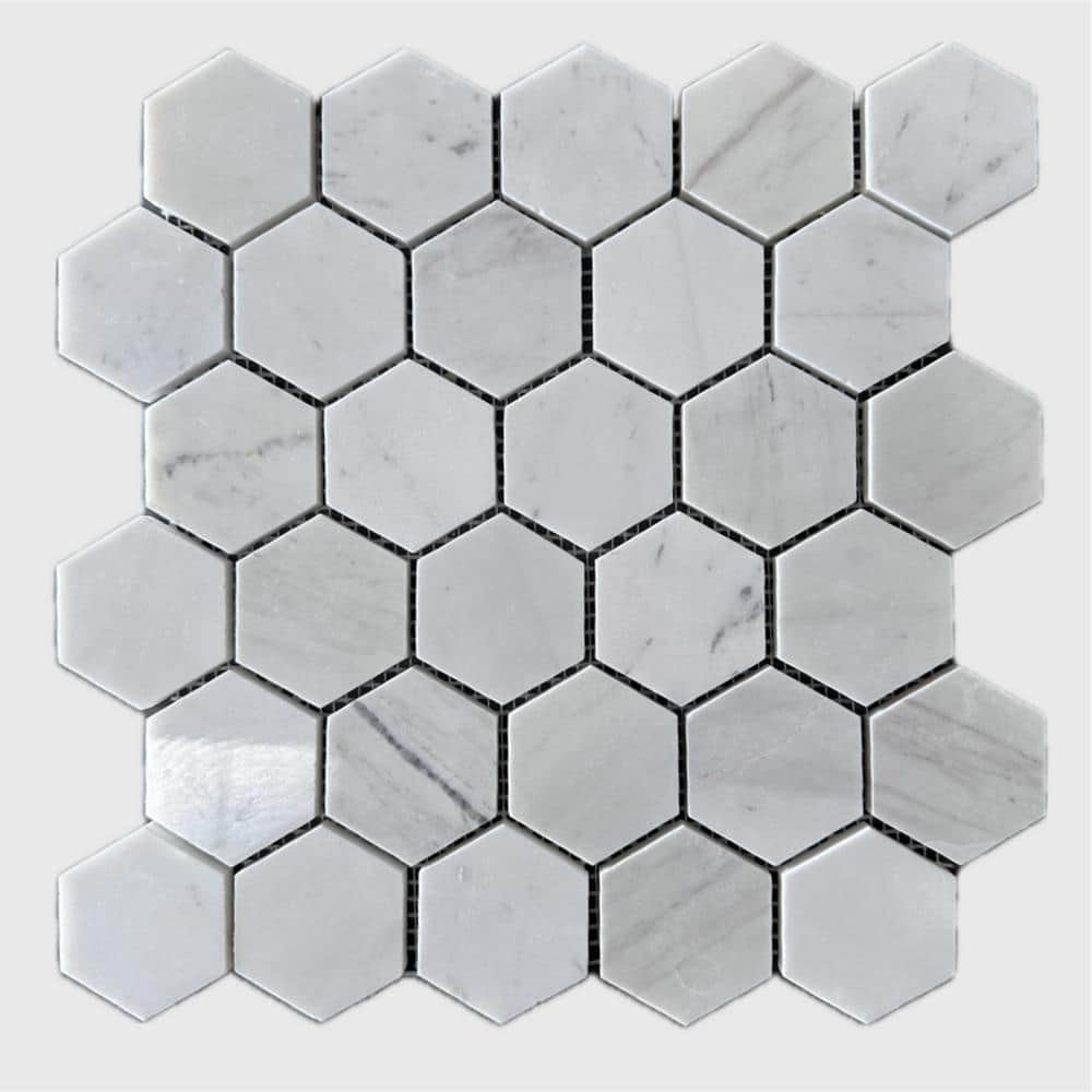 Rain Forest 12 in. x 12 in. Milky White Hexagon Marble Mosaic Tile Chip ...