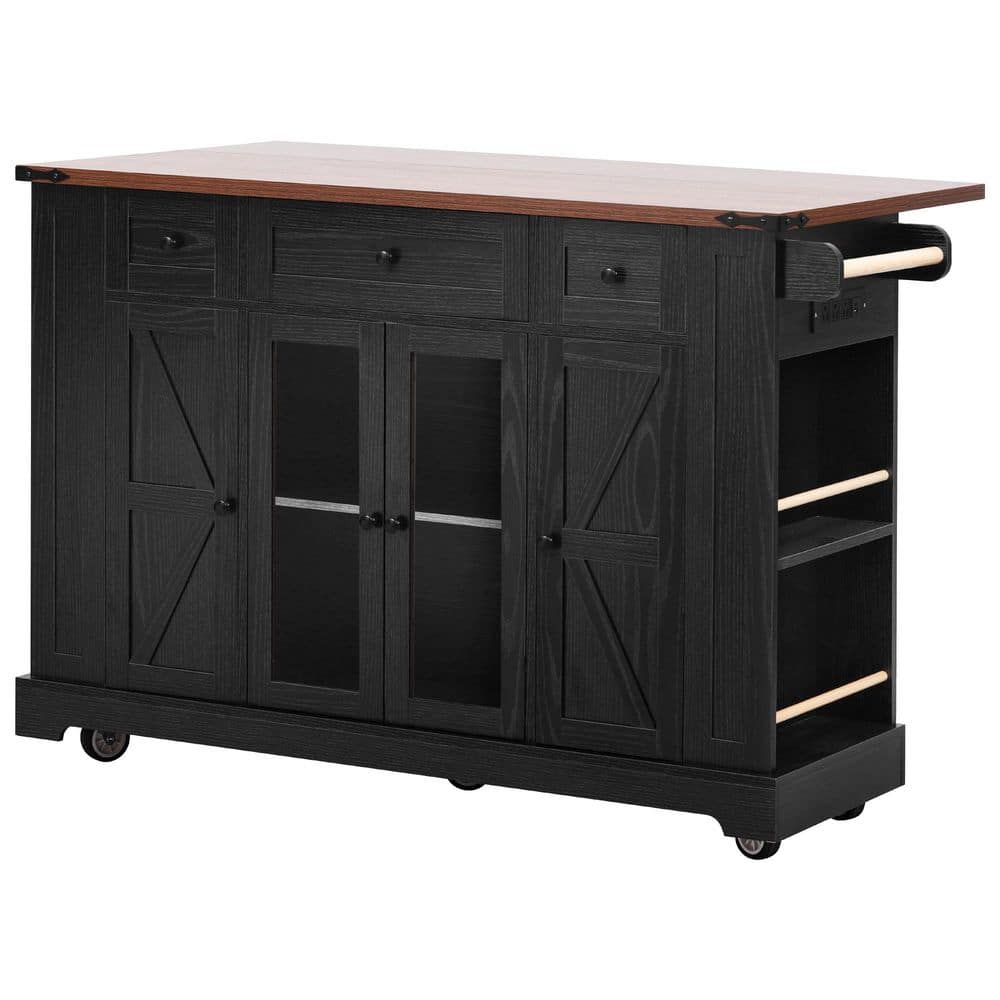 Tileon Black Wood 53 in. Farmhouse Kitchen Island on Wheels with Drop ...