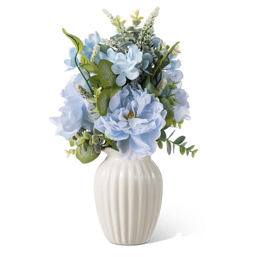 Glitzhome 18 in. H Blue Artificial Peony & Hydrangea with Ceramic Vase ...