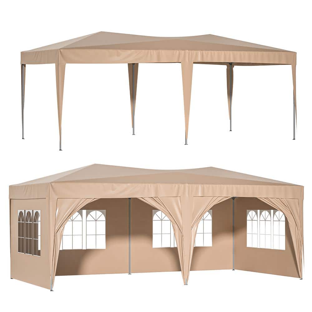 10 ft. x 20 ft. Beige Pop-Up Canopy Outdoor Portable Party Folding Tent with Carry Bag and 6 ...