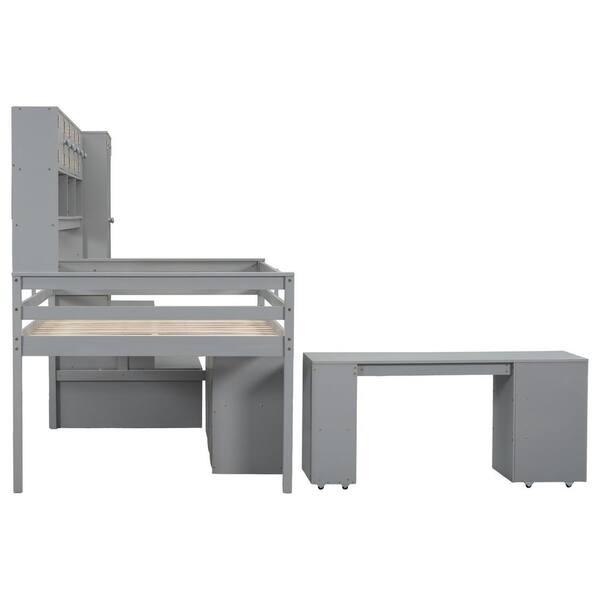 Polibi Gray Full Size Wood Loft Bed with Under-bed Desk, Drawers, Shelves RD14-19545AAE - The ...