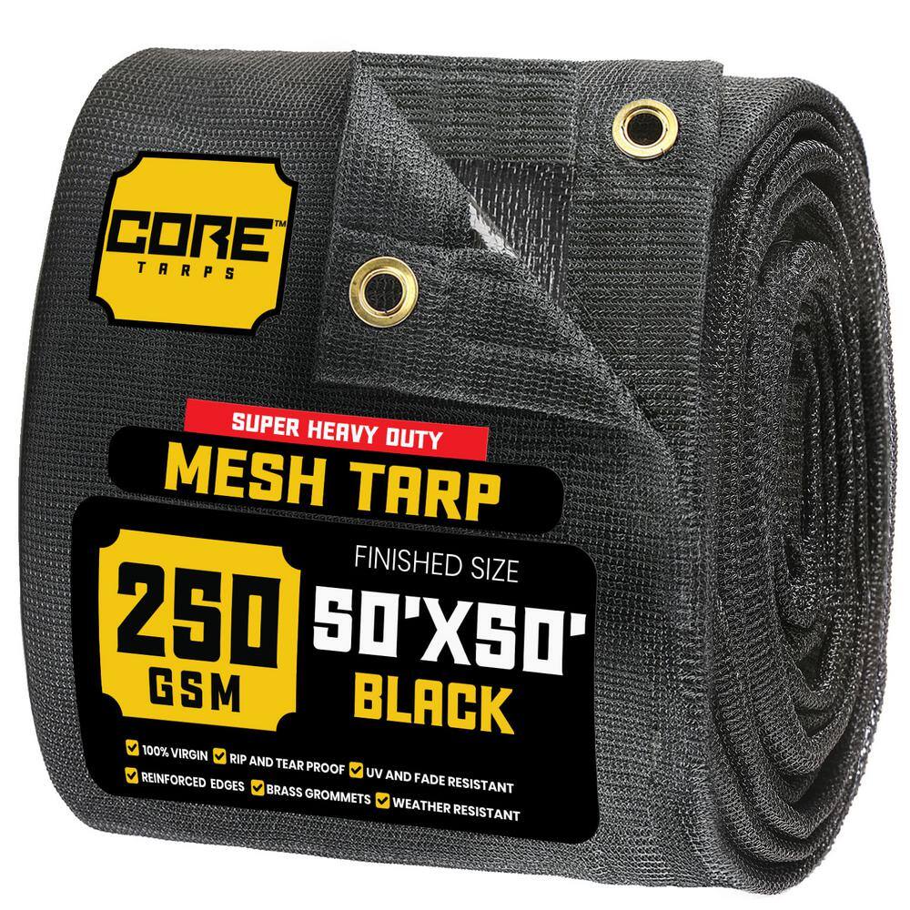CORETARPS 50 ft. X 50 ft. Black 250 GSM 7.5 oz Heavy Duty Mesh Tarp, UV ...