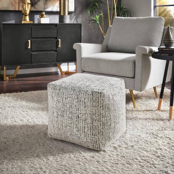 Black and White Tweed Chenille Upholstered Square Pouf Ottoman