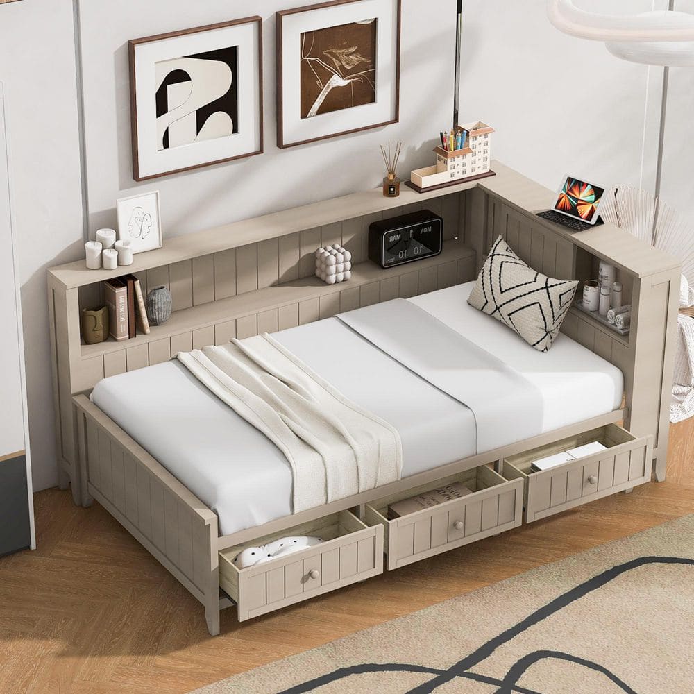 Harper & Bright Designs Antique White Milk Twin Size Wood Frame Daybed ...